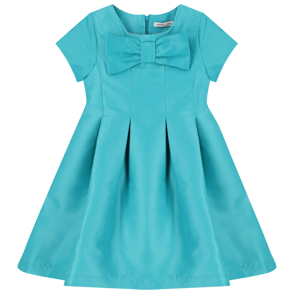 Mama Luma Girls Turquoise Satin Bow Dress | Junior Couture UAE