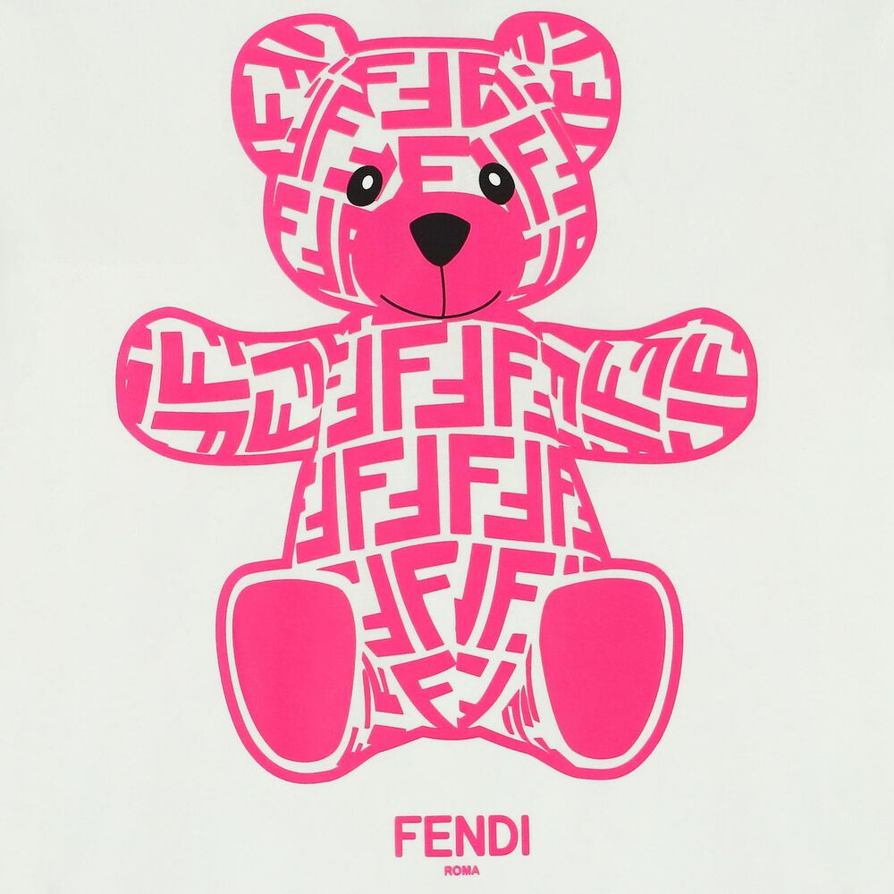 Fendi Girls Ivory & Pink Teddy Logo T-Shirt | Junior Couture UAE