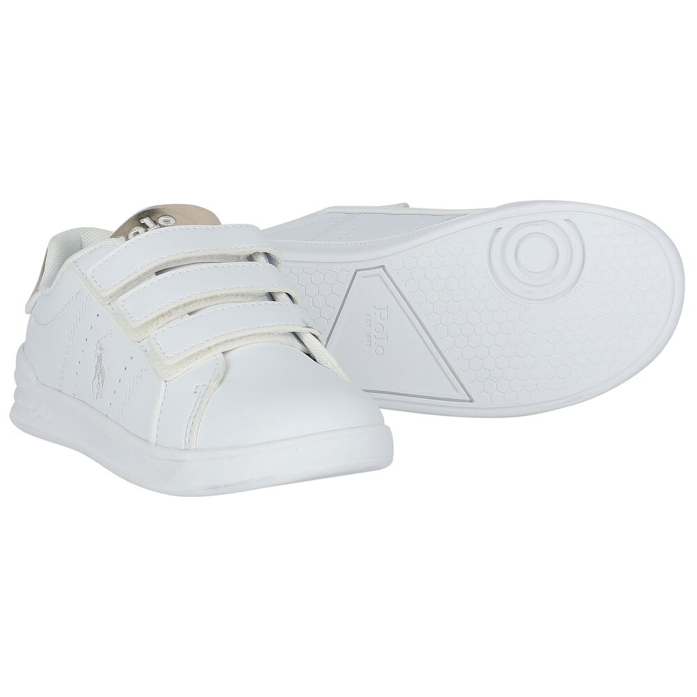 Ralph Lauren White & Gold Velcro Logo Trainers | Junior Couture UAE