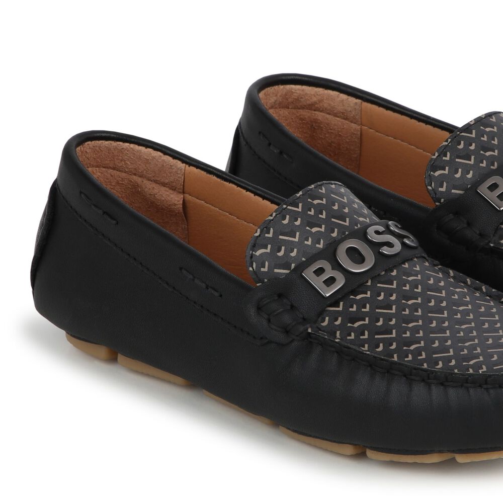 BOSS Boys Black Leather Monogram Moccasins | Junior Couture UAE