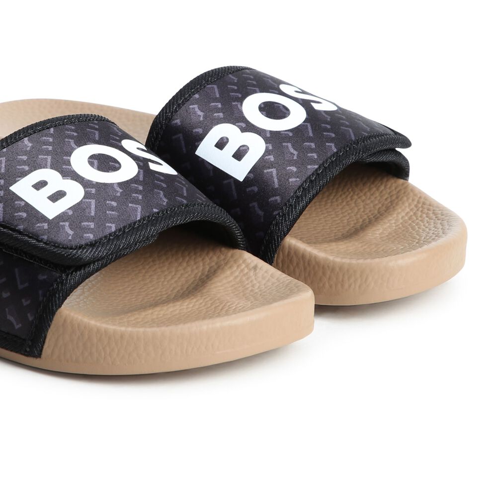 BOSS Boys Black Monogram Logo Sliders | Junior Couture UAE