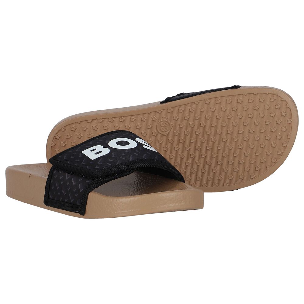 BOSS Boys Black Monogram Logo Sliders | Junior Couture UAE