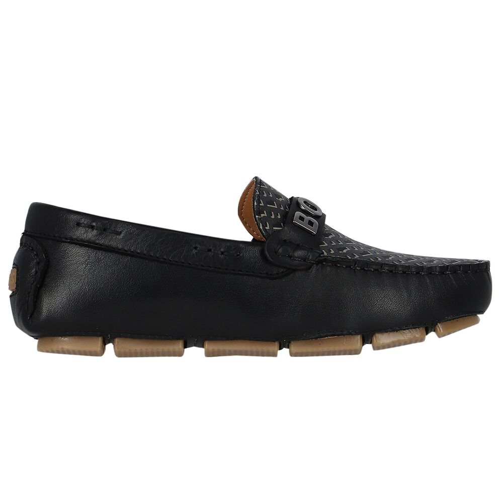 BOSS Boys Black Leather Monogram Moccasins | Junior Couture UAE