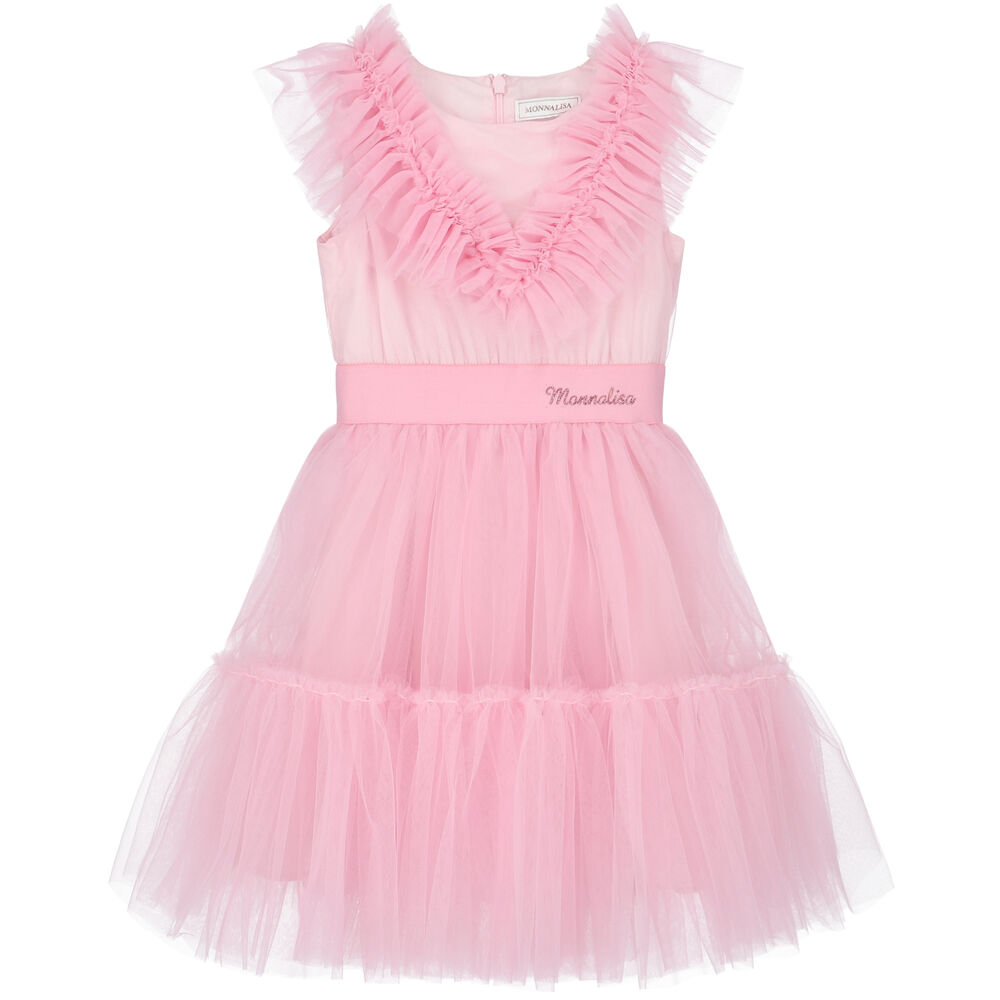 Monnalisa Girls Pink Ruffled Tulle Dress | Junior Couture UAE